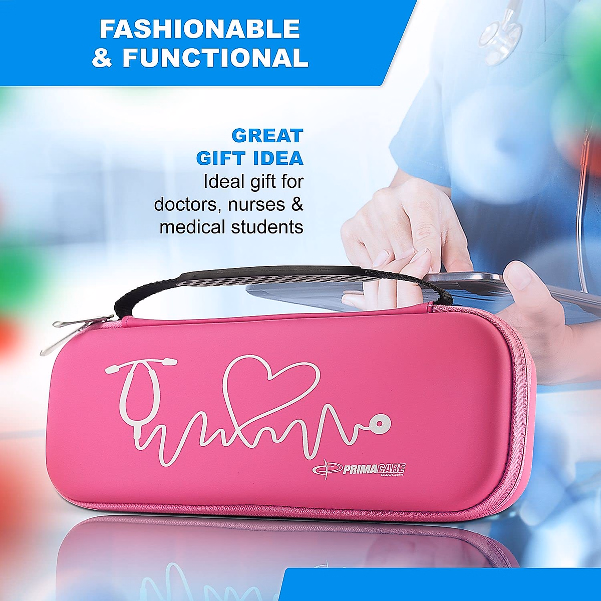 Primacare KB-9297-PK Pink Stethoscope Case, Supplies NOT Included, for Stethoscopes and Medical Supplies, Multiple Compartments, Portable and Lightweight First Aid Kit Bag, Accessories for Nurses