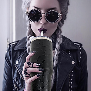 qynspngs 40 oz Halloween Tumbler with Lid and Straw - 5D Bat Print Tumblers with Handle Halloween Stainless Steel Insulated Travel Cup Black Coffee Cups Gifts for Women Men Adults