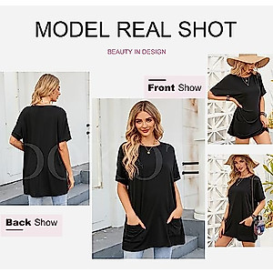 Dokotoo Women's Casual Crewneck T-Shirt - Loose Fit, Short Sleeve, Long Tunic Top with Pockets, Black (XL)