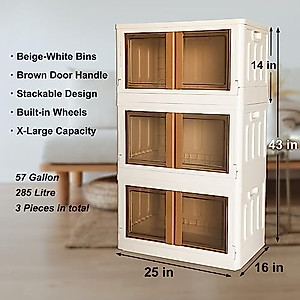 Extra Large Collapsible Storage Bins with Lids 3×19 Gallon, Pack of 3 Stackable Storage Boxes, Heavy Duty Hard Plastic Self-Lock Closet Organizers and Storage Bins (3 Pack, 57 Gal, Beige-Brown)
