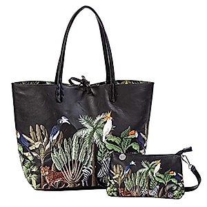 Sydney Love Jungle Print Vegan Leather Reversible Tote & Wristlet Set (Black)