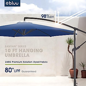 BLUU BANYAN 10 FT Patio Offset Umbrella Outdoor Cantilever Umbrella Hanging Umbrellas, 24 Month Fade Resistance & Water-repellent UV Protection Solution-dyed Fabric Canopy with Infinite Tilt, Crank & Cross Base (Navy Blue)