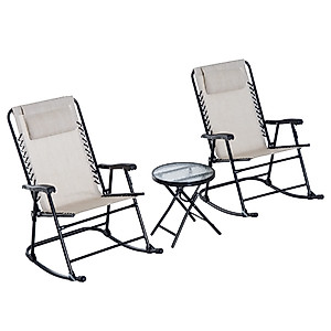 Outsunny 3 Piece Outdoor Rocking Chair Set, Patio Folding Lawn Rocker Set with Glass Coffee Table, Headrests for Yard, Patio, Deck, Backyard, Cream White