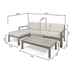 GDFStudio Outdoor 3 Seater Acacia Wood Sofa Sectional with Cushions (Wire Brushed Light Gray Wash, Cream)