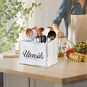 ugiftt Wooden Kitchen Utensil Holder for Countertop, Kitchen Utensil Caddy with 3 Compartments, Farmhouse Cooking Tools Storage Flatware Organizers for Silverware Forks Spoons Spatulas, Easy To Clean