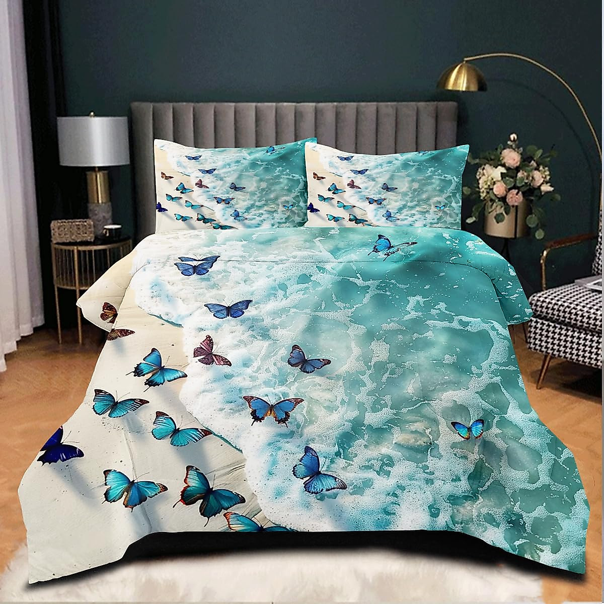 CCoutueChen Sea Butterfly Comforter Set Queen Size Tropical Ocean Beach Bedding Sets Hawaii Coastal Comforter Blue Ocean Animal Bed Set 3Pcs Soft Fluffy Lightweight Comforter (Girls Women Adult)
