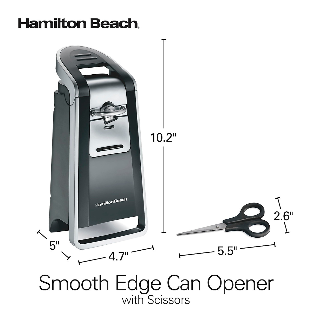 Hamilton Beach Smooth Edge Electric Automatic Kitchen with Easy Push Down Lever, Opens All Standard-Size and Pop-Top Cans, Stainless Steel Scissors, Black and Chrome