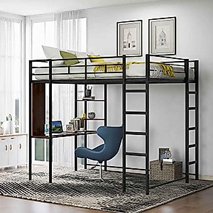 ATY Metal Full Size Loft Bed with 2 Shelves and 1 Desk, Sturdy Bedframe w/Two Ladders & Safety Rails for Kids Teens Adults, No Box Spring Needed, Black