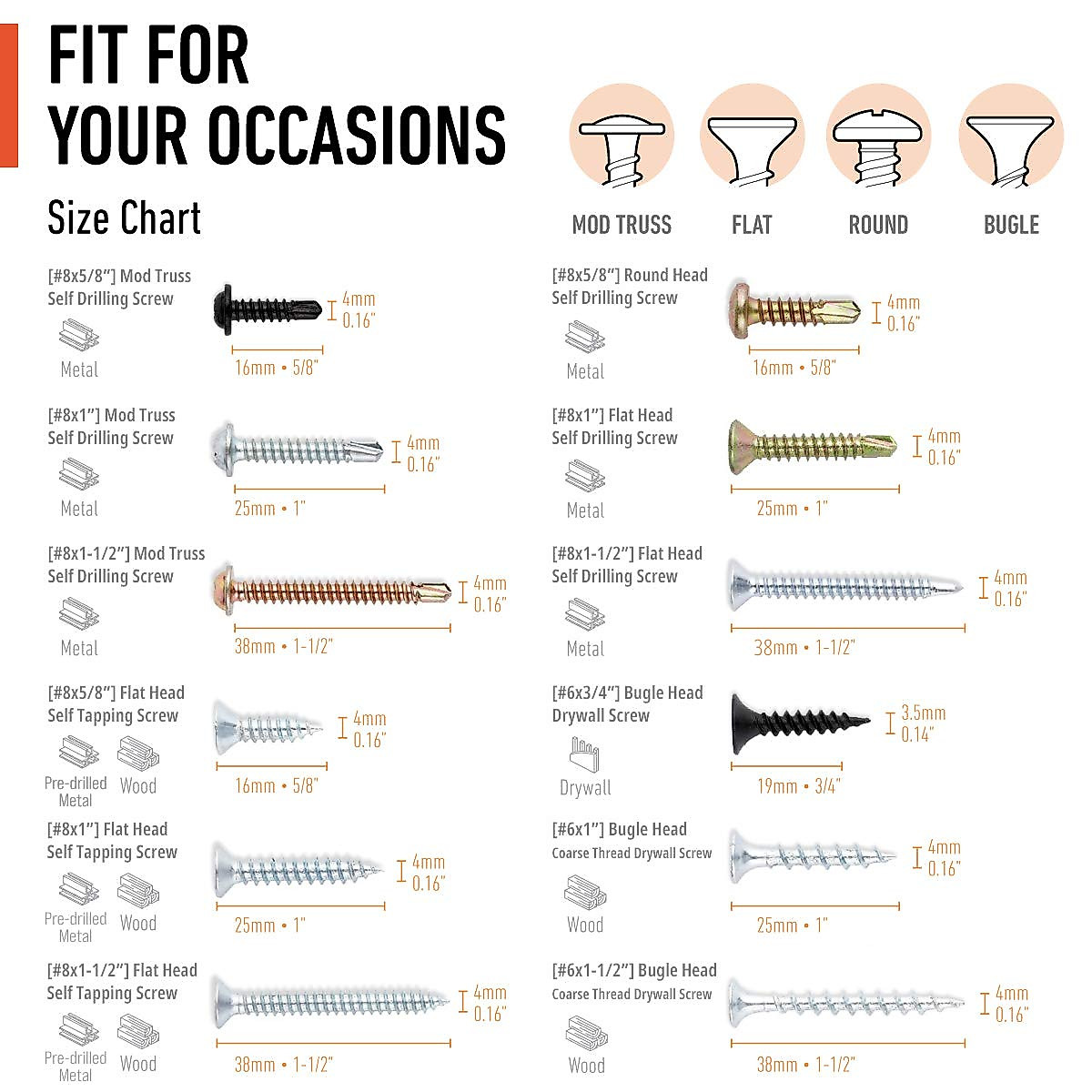 MYTOW Self Drilling & Self Tapping Screws Assortment Kit Set (250Pcs) Screws Available for Multi-use for Wood Screws, Sheet Metal Screws, and Drywall Screws,Screw Organizer and Storage