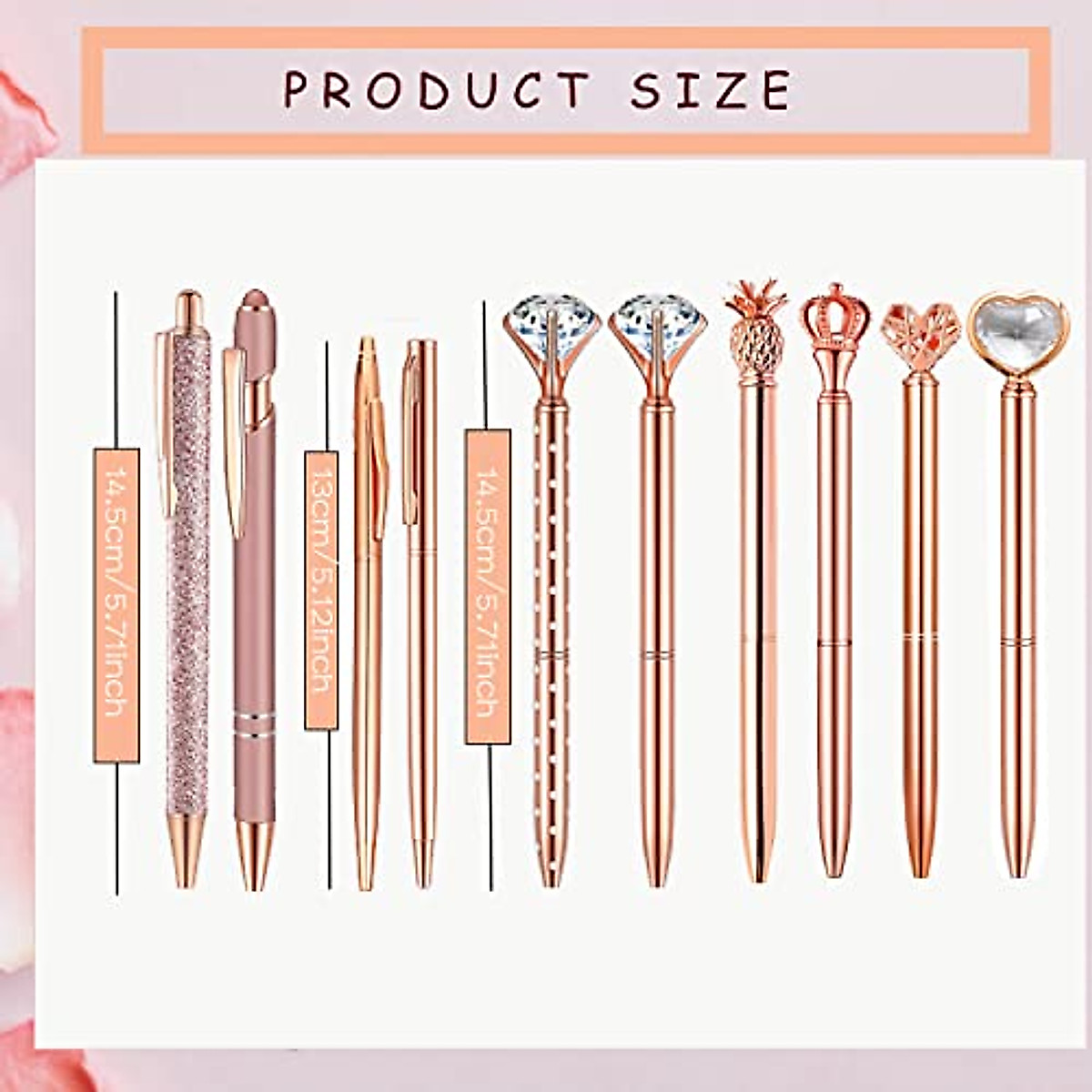HEYTOP 10 Pcs Rose Gold Ballpoint Pens Set Metal Bling Crystal Pen Heart Crystal Diamond Glitter Pens Black Ink Crown Fancy Pens Gifts for Women Wedding School Office Home Desk Supplies