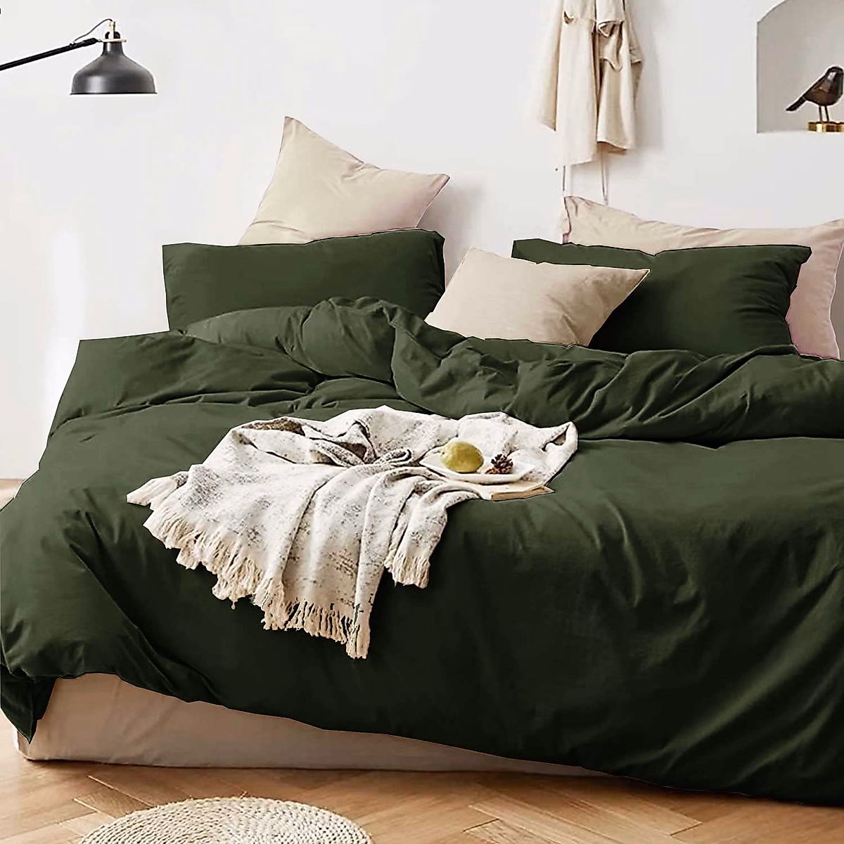 Dark Olive Green Duvet Cover Queen Size, 3pc Soft Farmhouse Bedding Comforter Cover Set With Zipper Closure, 1 Lightweight Microfiber Duvet Cover (90x90 inches) and 2 Pillow Shams for Women Men