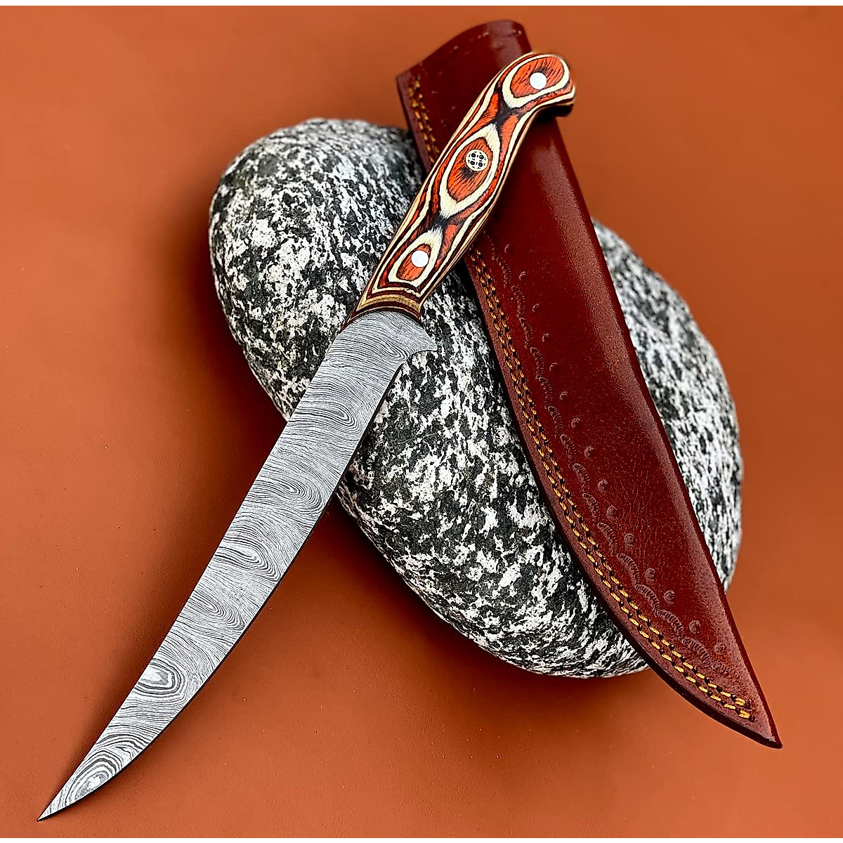 Damascus Boning Knife Fillet Knife 13" Handmade Thin Sharp Progessional Chef Kitchen Knives with Leather Sheath Wood Handle vk5524