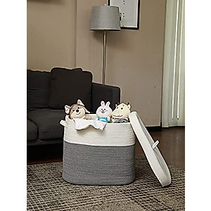22”x14”x18” Rectangular Extra Large Storage Basket with Lid, Cotton Rope Storage Baskets, Laundry Hamper, Toy Bin, for Toys Blankets Storage in Living Room, Baby Nursery, Grey Basket with Lid