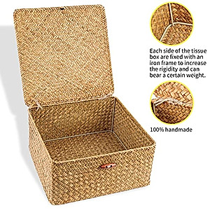 Ruosuruosu Cube Stackable Storage Bins Lids,Wicker Woven Storage Baskets Shelves,Set 4 Seagrass Storage Boxes,Rattan Storage Containers Organizing,Clothes,Toys,Books Cluttered Small Items Honey Brown