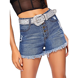 FIORETTO Men Women Rhinestone Belt Bling Shining Diamond Cowgirl Cowboy Western Studded Leather Belt Waist Belt for Jeans Pants Silver