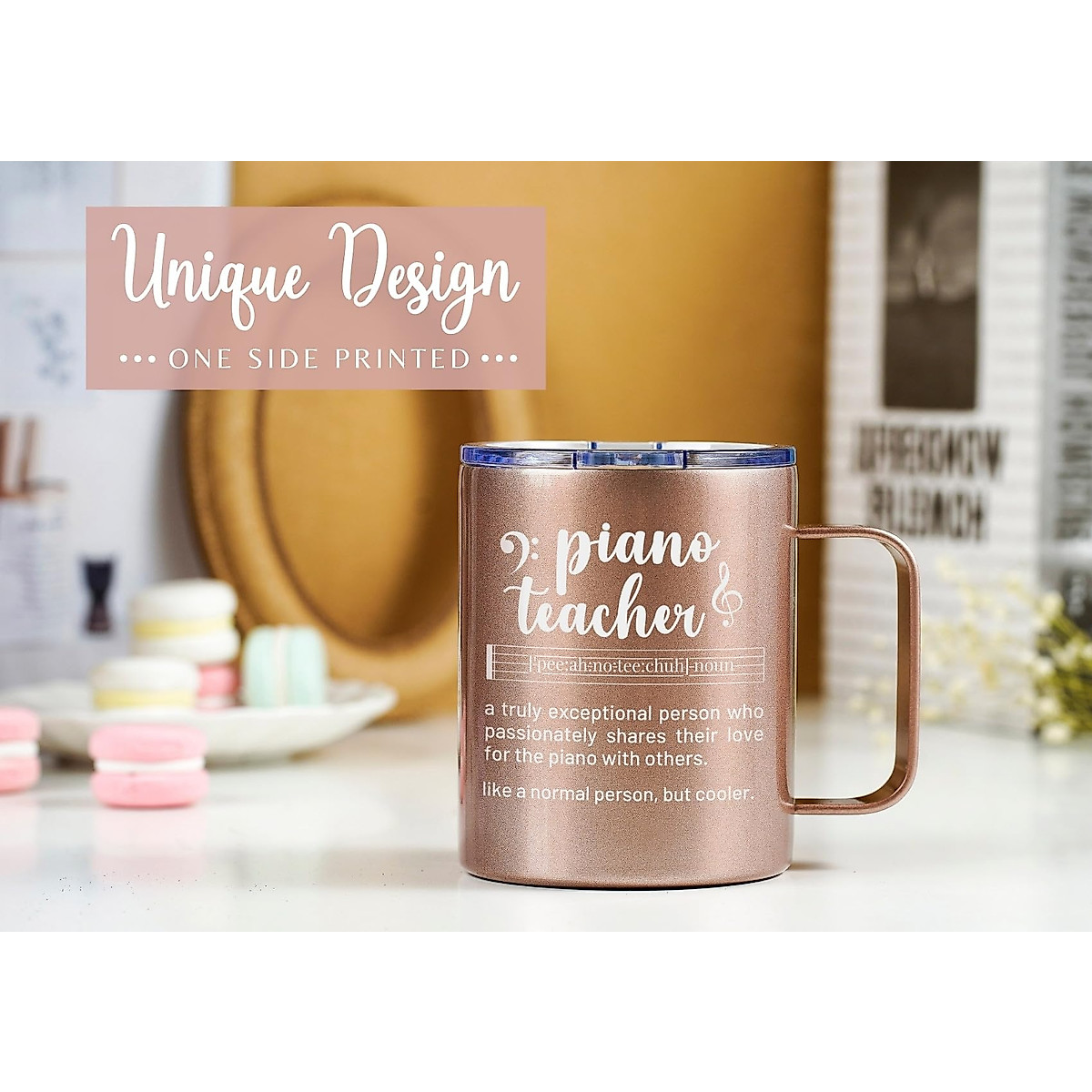 Onebttl Piano Teacher Gift for Women, 12oz/350ml Stainless Steel Insulated Coffee Mug with Lid - Rosegold