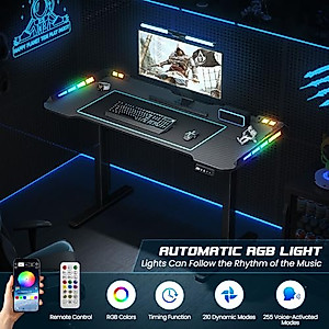 Gaming Desk with LED Lights & APP Control, 48" x 24" Gaming Table with Music Sensing, Underdesk Cable Storage Electric Standing Desk, Black Carbon Fiber PC Desk for Gaming and Home Office