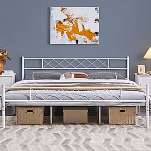 Yaheetech Metal Platform King Bed Frame Mattress Foundation with Headboard and Footboard No Box Spring Needed Under Bed Storage Steel Slats White