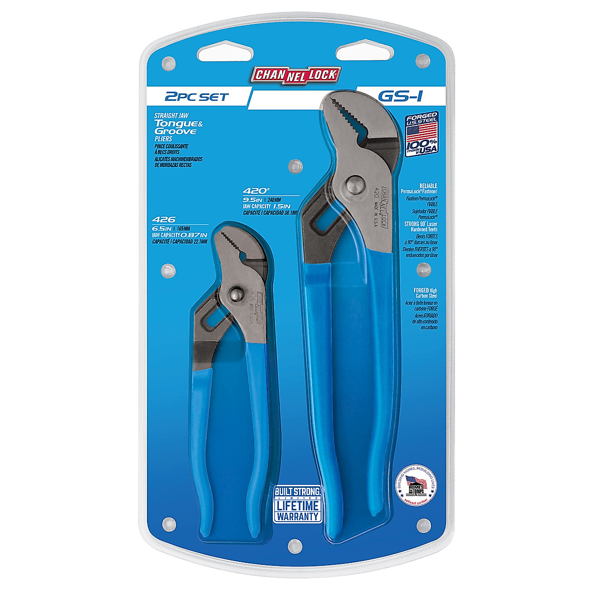 Channellock 2 Piece Tongue and Groove Pliers Set - 9.5-Inch, 6.5-Inch | Straight Jaw Groove Joint Pliers | Laser Heat-Treated 90° Teeth| Forged from High Carbon Steel | Patented Reinforcing Edge Minimizes Stress Breakage | Made in USA