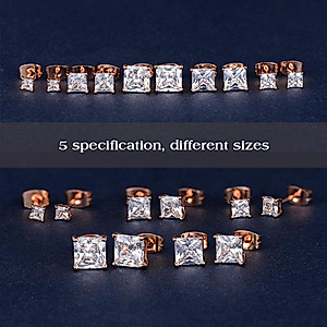 5 Pairs Stud Earrings 14K Rose Gold Plated Square Cut Clear Cubic Zirconia Hypoallergenic Earrings for Women and Men Pack of 5 Pairs 3-7 mm