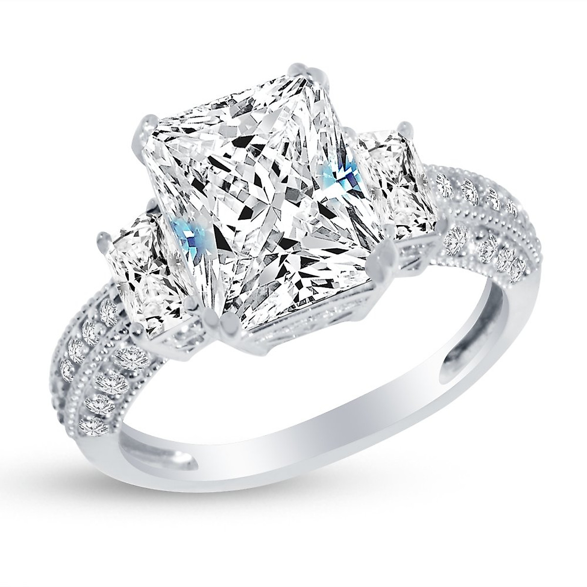 Size - 7-14k White Gold Emerald 3 Stone With Accents Milgrain Solitaire Engagement Ring CZ Cubic Zirconia (4.0cttw., 3.0ct. Center)