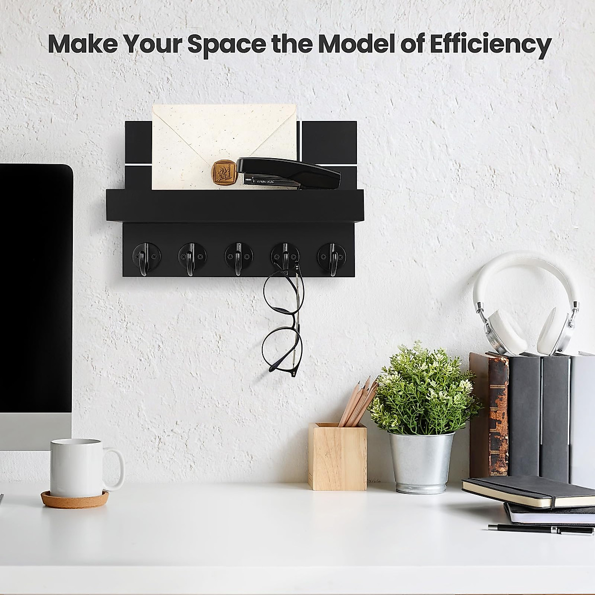 Lwenki Wall Mounted Key Holder - 9.8" x 6.7" x 4.2" Decorative Wall Shelf with Hooks Holds Key Rings, Dog Leash, Wallet, Purse - Real Paulownia Wood Entryway Shelf for Rustic Farmhouse Decor (Black)