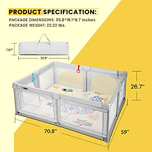 VIVOHOME Large Baby Playpen with Mat, Ocean Balls, Net Basket and Pull Rings, Safety Play Center Yard with Gate for Kids Activity Center, Light Gray