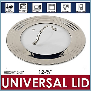 KEISSCO Stainless Steel Universal Lid for Pots, Pans and Skillets - Fits 7" to 12" Pot and Pans - Tempered Glass with Stainless Steel Rim Replacement Frying Pan Cover and Cast Iron Skillet Lid