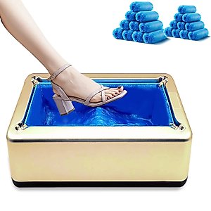 Automatic Shoe Covers Dispenser,200 Pcs Disposable Shoe Cover,Waterproof T Buckle Shoe Cover for Adult and Kids All Sizes,Portable Machine for Indoors/Home/Office/Hospital (Gold)