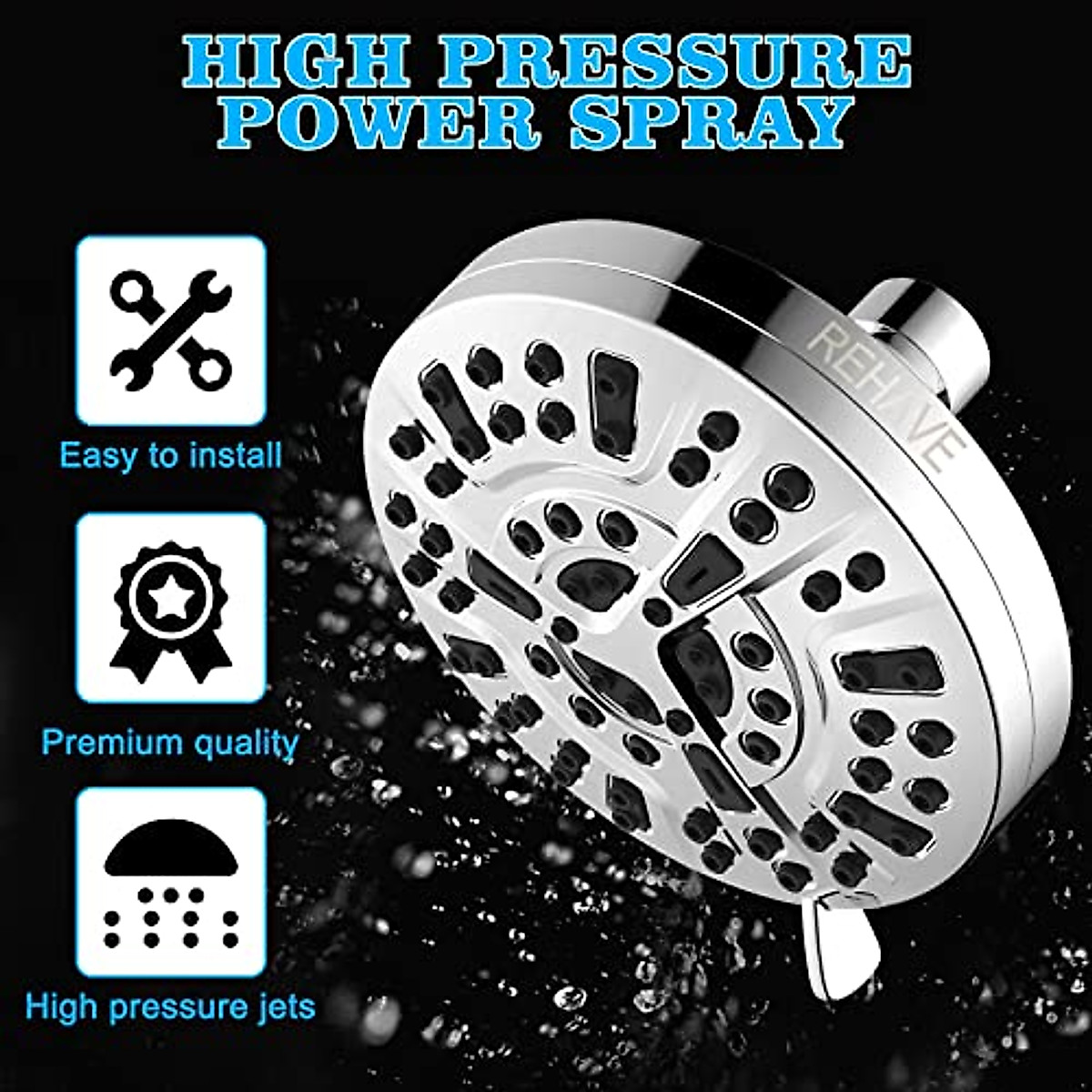 Shower Head, REHAVE Rainfall ShowerHead, 5.1 Inches High-Pressure with 63 Jets 8 Spray Modes - Replacement for Bathroom Shower Heads - Anti-Clogging Silicone Nozzles, Brass Angle-adjustable Ball Joint