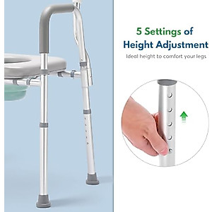 4-in-1 Raised Toilet Seat with Handles and Back, Medical Bedside Commode Chair, Adjustable Toilet Safety Frame, Shower Chair for Seniors, Elderly, Handicap, Pregnant，Collapsible Basin Included