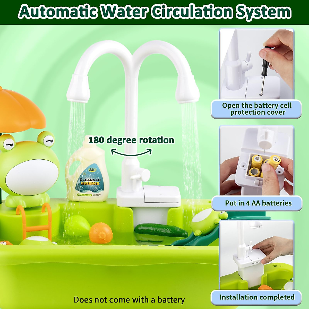 Play Sink with Running Water,Kids Electric Play Kitchen Sink Toys,Toddler Kitchen Sink Toy,Pool Floating Fishing Toys for Water Play-Green