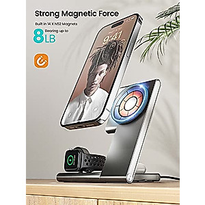 3-in-1 Foldable Magnetic Wireless Charger with MagSafe Charger Stand, Fast Magnetic Charging Station for iPhone 14/13/12 Series, iWatch 8/7/6/SE/5/4/3/2, AirPods 3/2/Pro (with QC 3.0 Adapter)
