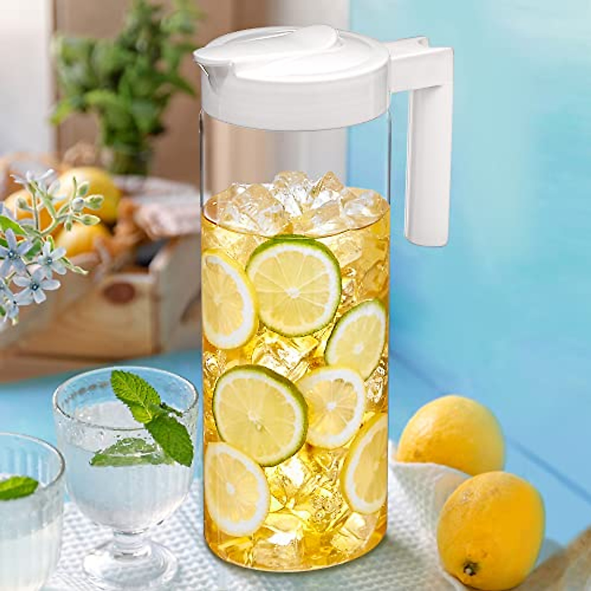 Amazing Abby - Skinny - Tritan Pitcher (64 oz), Unbreakable Plastic Pitcher with Lid, BPA-Free, Heat-Resistant, Dishwasher-Safe, Great for Both Iced and Hot Drinks, Indoors and Outdoors, White