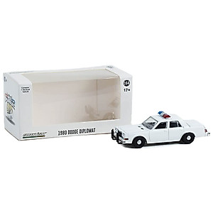 Greenlight 43006-L Hot Pursuit 1980-89 Dodge Diplomat Police White with Light and Push Bars 1/64 Scale