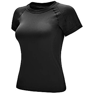 RUNNING GIRL Seamless Workout Shirts for Women Dry-Fit Short Sleeve T-Shirts Crew Neck Stretch Yoga Tops Athletic Shirts (TX2443Black, M)