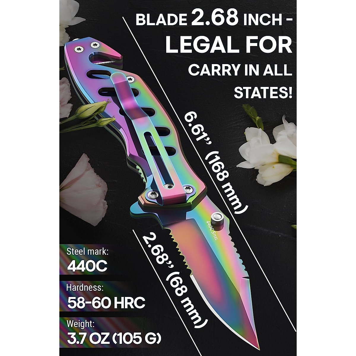 Rainbow Pocket Knife - Legal Knife with Glass Breaker Seatbelt Cutter - 2.68 Inch Serrated Blade - Cute Womens Knives - Cool Small Folding Knife for Self Defense - Birthday Gifts for Women - 6655 R