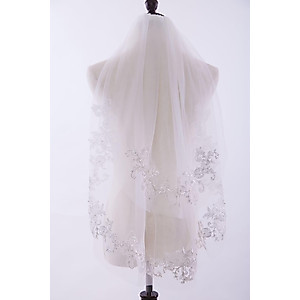 Pefantal Short 2 Tier Wedding Bridal Veils With Comb for brides Ivory Soft Lace Veils(21/29inch)