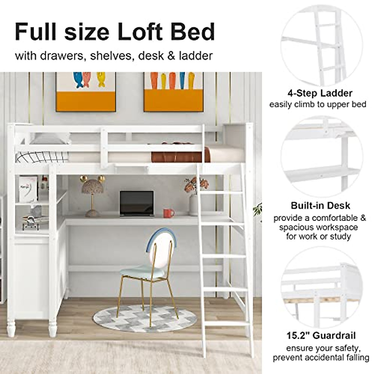 Merax Multi-Functional Full Loft Bed with Built-in Desk/6 Storage Drawers/Shelf, Full Size Wooden Loft Bed with Ladder and Guardrails, No Box Spring Required Wood Bed Frame, White