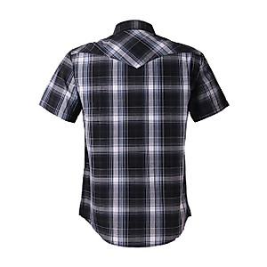 COEVALS CLUB Men's Western Plaid Pearl Snap Buttons Two Pockets Casual Short Sleeve Shirts (Gray,Black/L, 9#)
