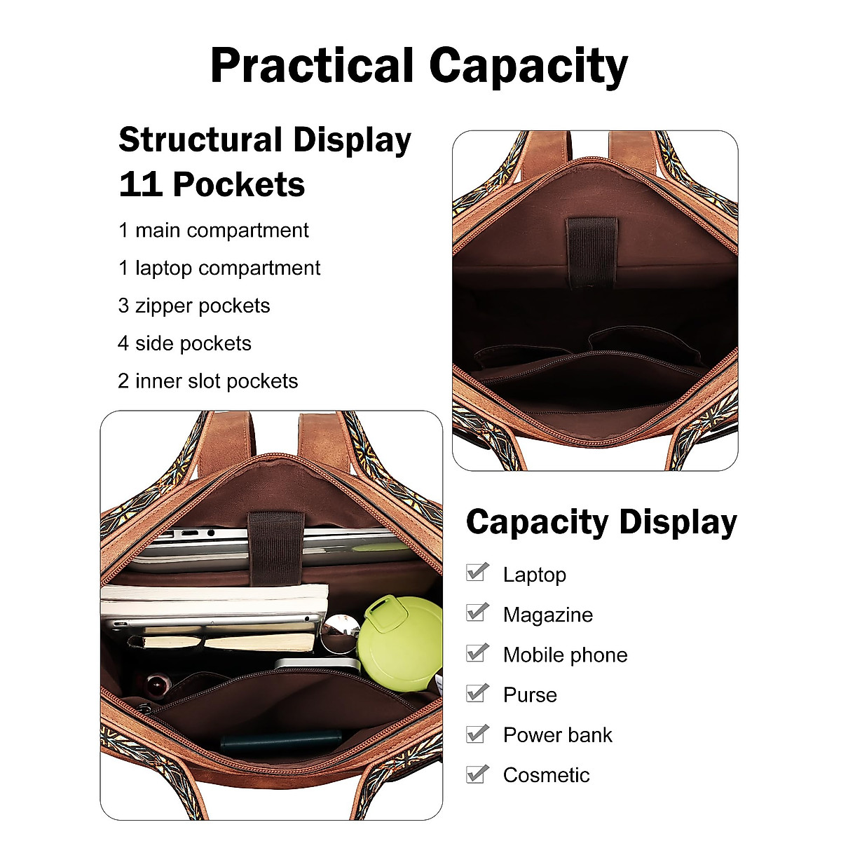 FADEON Leather Laptop Backpack for Women, Designer Ladies Work Travel Computer Backpack with Laptop Compartment Purse Brown