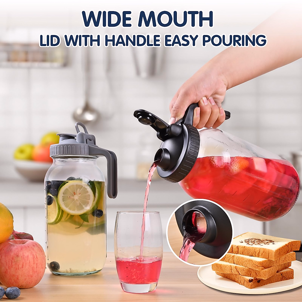 SCIDEA Glass Pitchers with Lid, Set of 2, 64OZ Leak-Proof Airtight Mason Jars, Wide Mouth Water Jugs for Cold Brew Coffee, Iced tea, Milk, Food Storage, Sun Tea Jar.