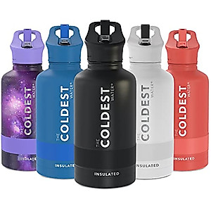 Coldest Sports Water Bottle with Straw Lid Vacuum Insulated Stainless Steel Metal Thermos Bottles Reusable Leak Proof Flask for Sports Gym (Stealth Black, 64 oz)