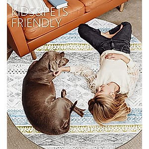 Yincimar Boho Geometric Round Area Rug 4.6ft Non-Slip Washable Circle Rug Accent Rug Soft Floor Area Mat Carpet for Living Room Sofa Bedroom Kids Room Nursery Decor,White