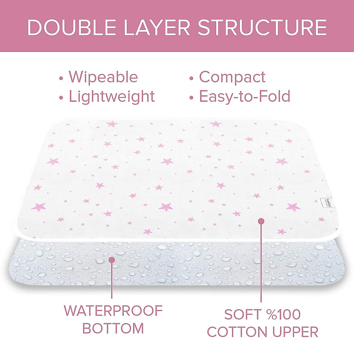 Kushies Deluxe Waterproof Changing Pad Liners - 20 x 30 inches Baby Changing Table Pad Covers - Baby Changing Pads in Pink Stars - Diaper Changing Pad Cover Waterproof for Changing Station