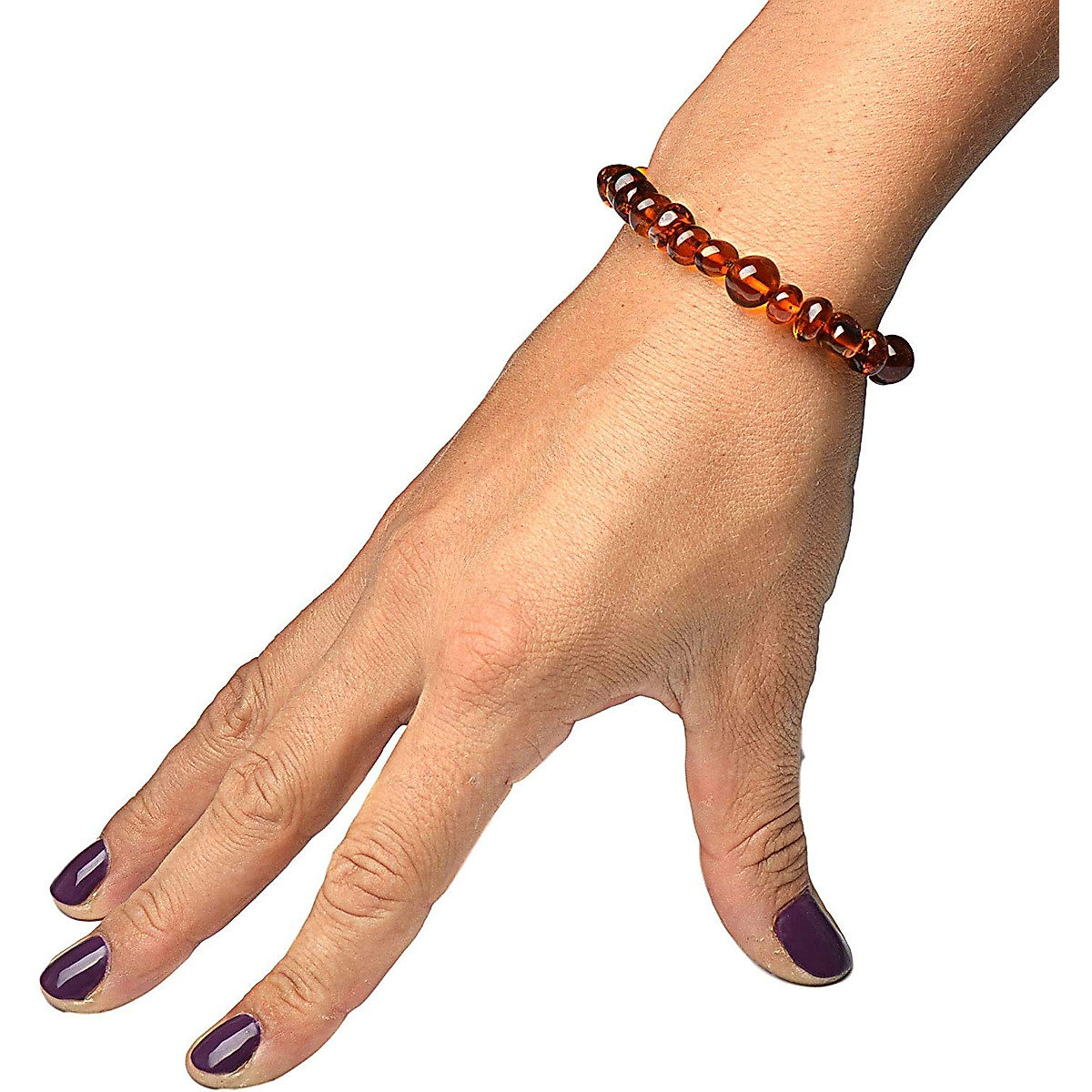 Genuine Amber Unisex Bracelet - Polished Baltic Sea Amber Jewelry - Baroque Shape Amber Beads Hand-Assembled in Europe - Cognac - 7 inch