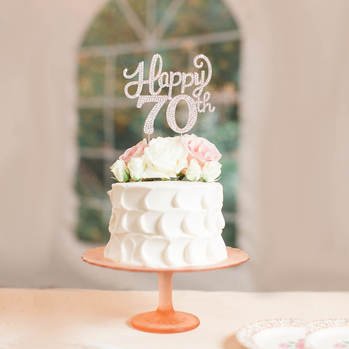 Happy 70th Birthday Rose Gold Rhinestone Cake Topper - 70th Birthday/Anniversary,Cheers to Seventy Years Old Bday Party Metal Sparkly Centerpieces Decorations.