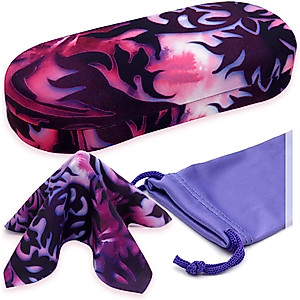MyEyeglassCase Women Hard Glasses case - Eyeglass Case Hard Shell in Damask Microfiber Print - Small Sunglasses case with Microfiber Pouch and Cloth (AS166L Purple Damask)