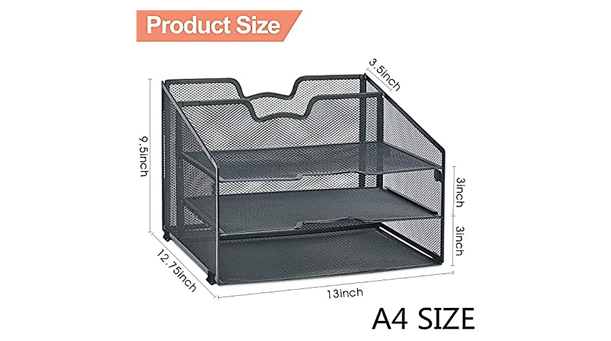 ProAid Mesh Desk & Paper Organizer - 3 Trays & File Section