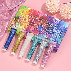 6 Colors Face Body Glitter Gel Set, Shimmer Chunky Glitters Cream for Eyes Hair Nails Makeup, Long Lasting Sparkling Mermaid Holographic Sequins Paste for Festival Art Party Halloween Makeup Gift Kit